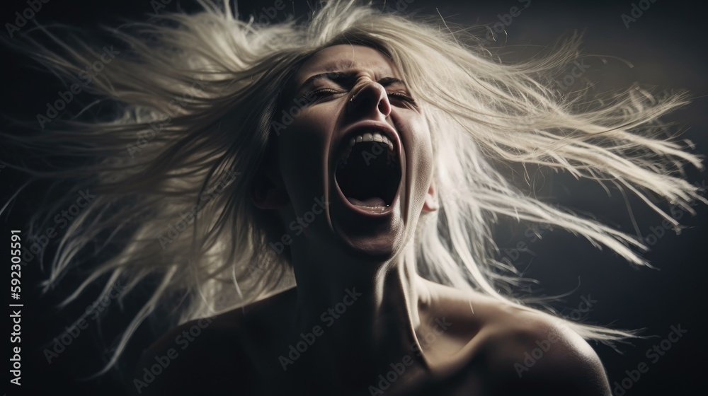 Woman in agony screaming aggressively. Mental health awareness month ...
