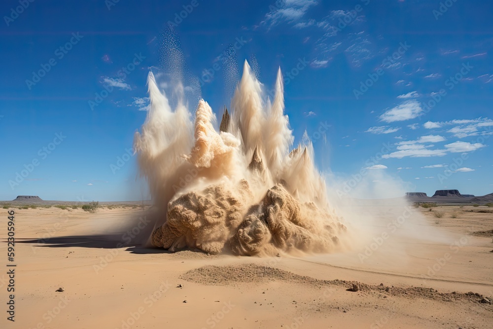 sand explosion, with jet of sand being propelled into the air from ...