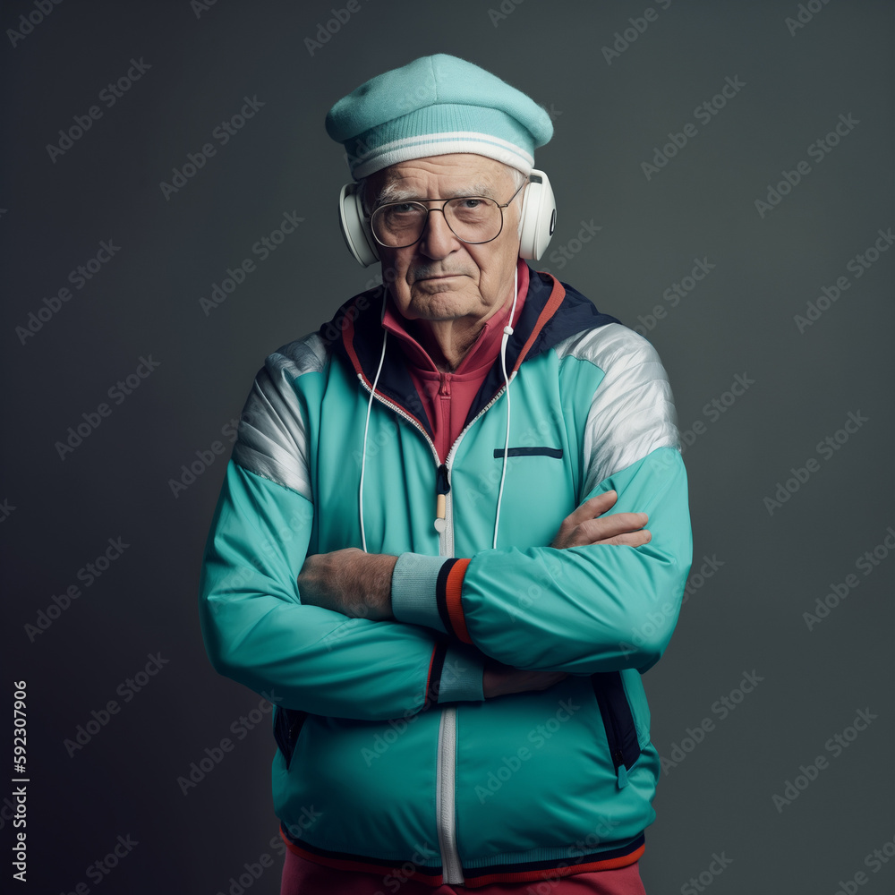 Funny, grumpy old grandpa in retro sport clothes. Generative ai Stock ...