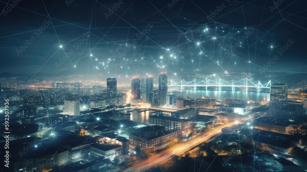 Digital city with a network of lights of the night, urban, internet ...