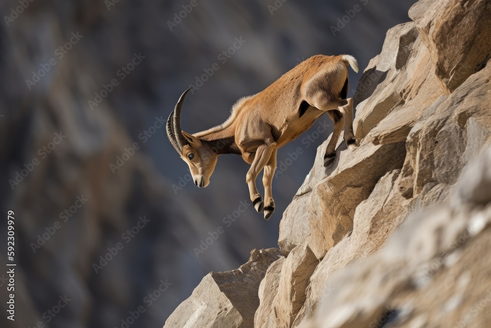 ibex jumping from cliffside and landing on safe ground below, created ...