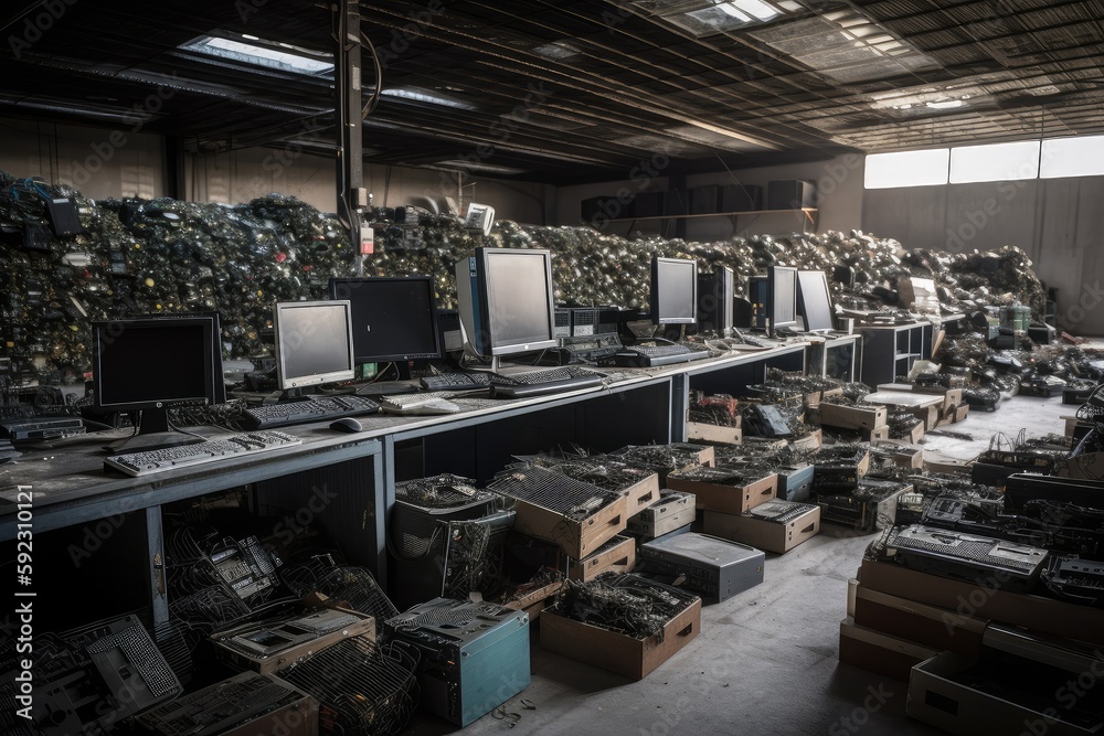electronic recycling center, with bins of discarded electronic devices ...