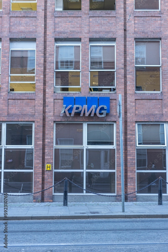 Streets of Dublin with historical buildings, KPMG HQ, vertical Stock ...