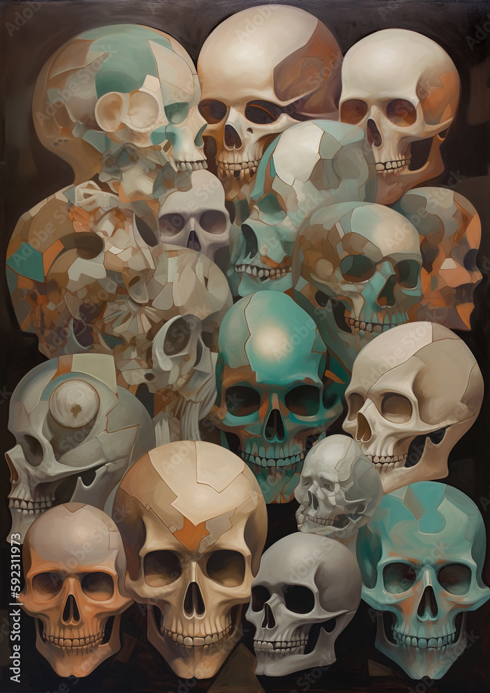 A painting depicts different shapes of skulls, in the style of muted ...