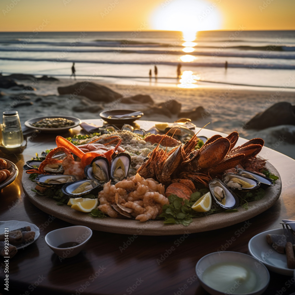 A wide-angle shot of a bright and airy seafood platter on a beachfront ...