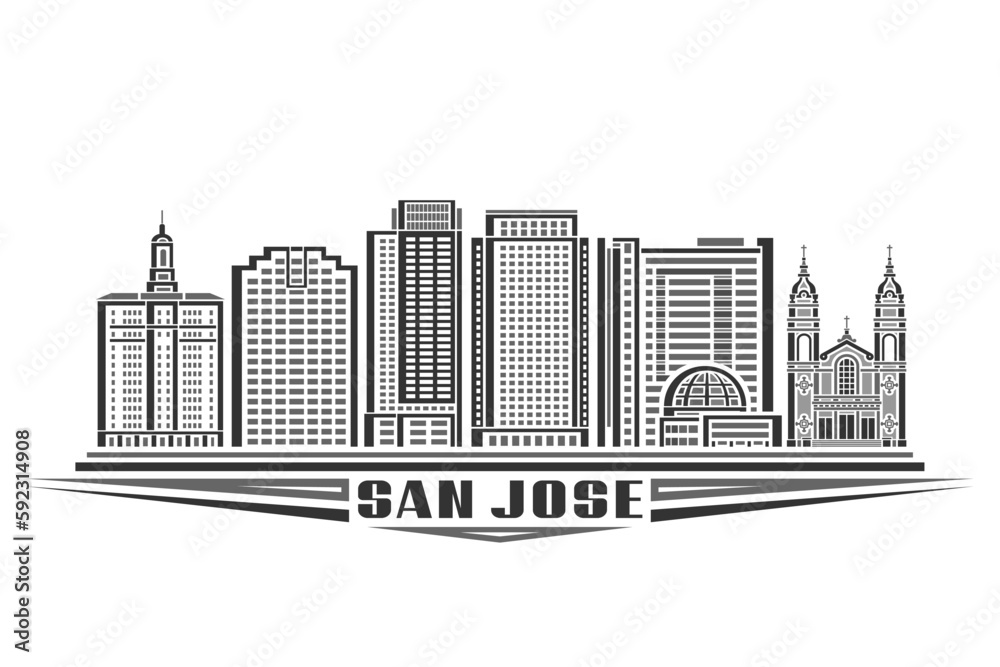 Vector illustration of San Jose, monochrome card with linear design ...