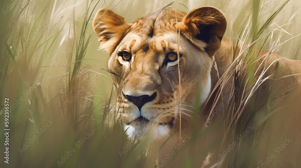 A lioness stalking through the tall grass, with only her piercing eyes ...