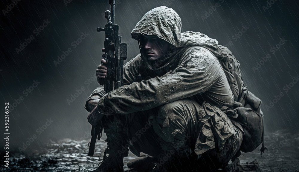 A battle-weary soldier crouching in a dark and desolate trench ...