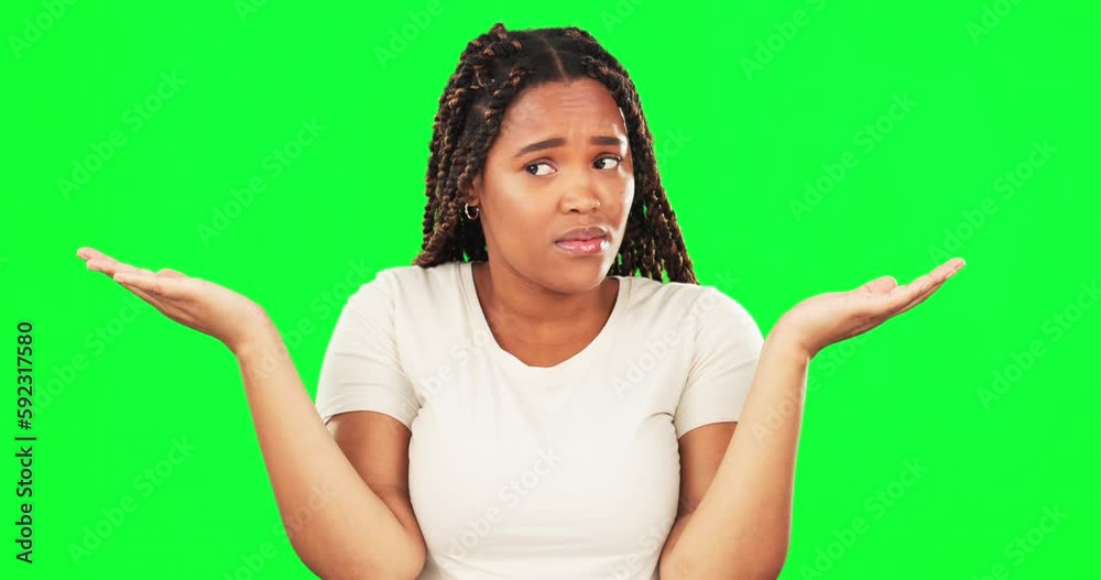 Video „Face, confused woman and shrug on green screen, hands and forgot ...