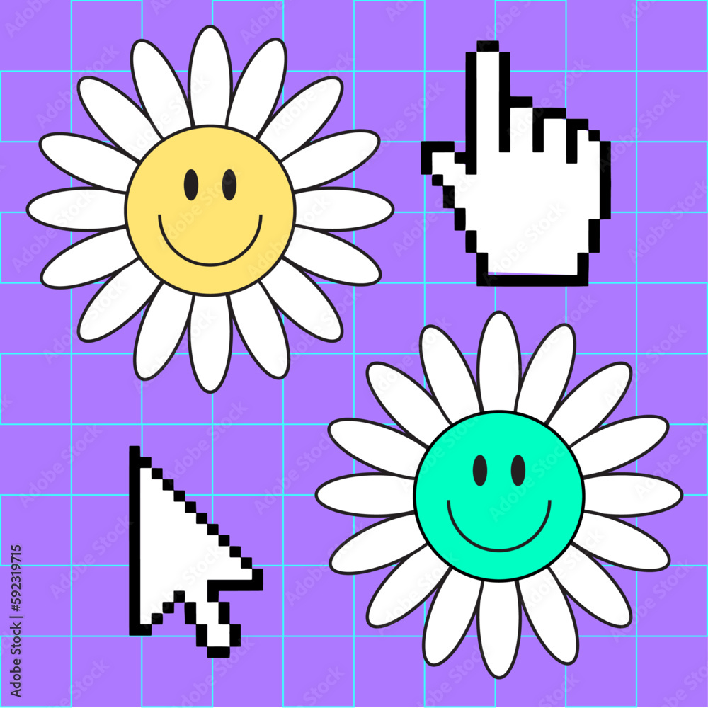 y2k aesthetic patterns with smiley face flowers and cursors purple grid ...