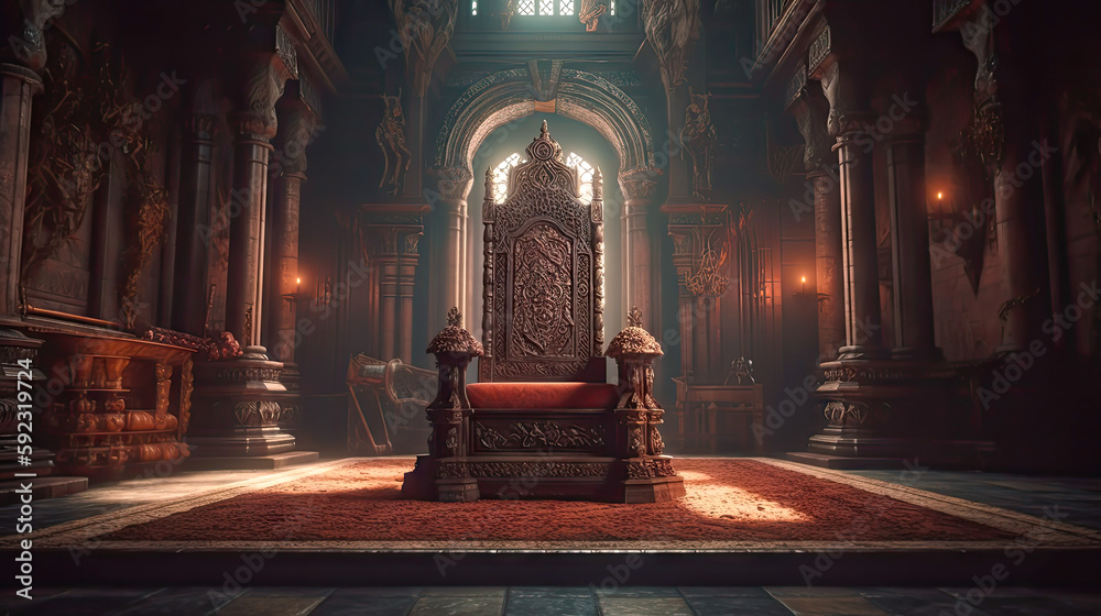 Medieval room, throne hall interior. Full of light cinematic light ...
