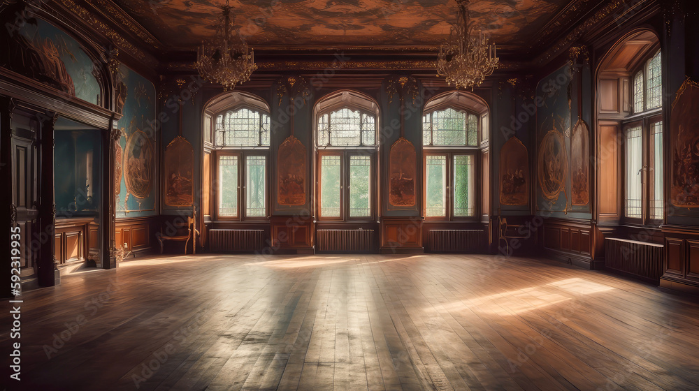 Medieval room, dance hall interior. Full of light cinematic light. Made ...