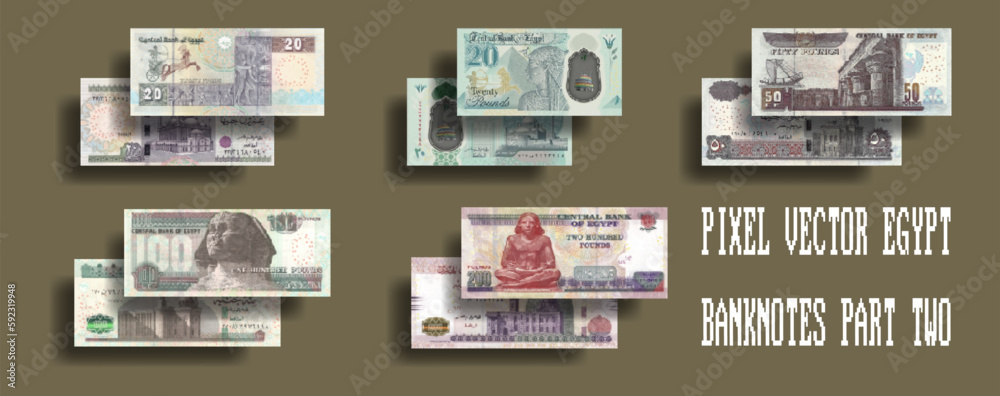 Vector set of pixel mosaic Egyptian banknotes. Paper and plastic bills ...