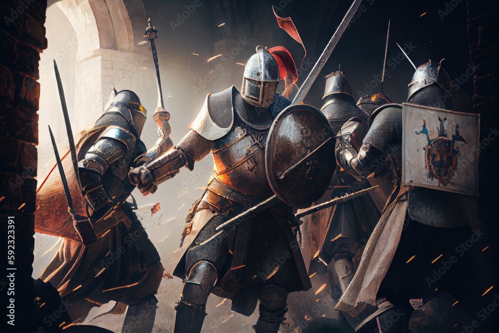 a group of knights storming a medieval fortress, with swords and ...