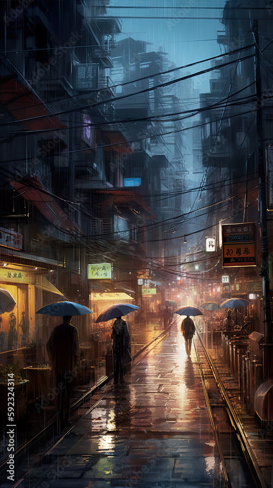Rainy treet at dusk in Japanese town, lit by neon signs of shops and ...