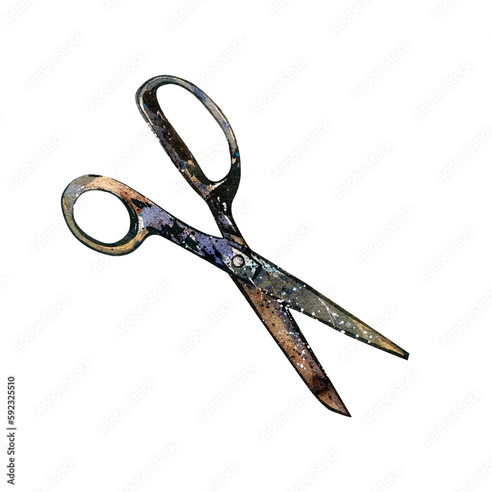 Rusty old style iron scissors isolated on white background. Watercolor ...