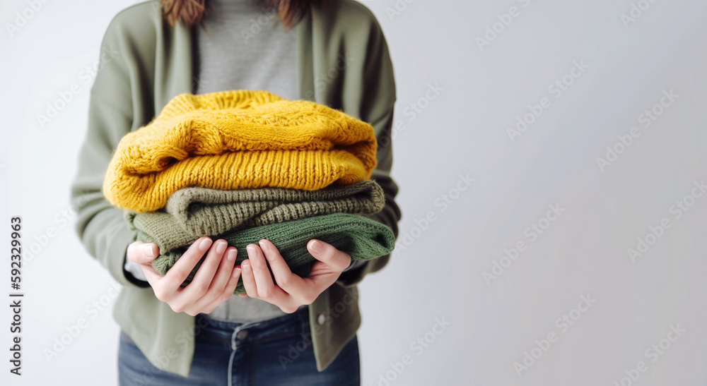 Woman's hand holding a stack of clothes. Clothes Donation, Renewable ...