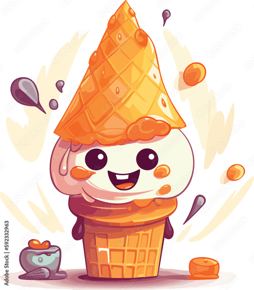 Cartoon Illustration of Ice Cream Cone Mascot Character with Smile, vector character art, vector ...