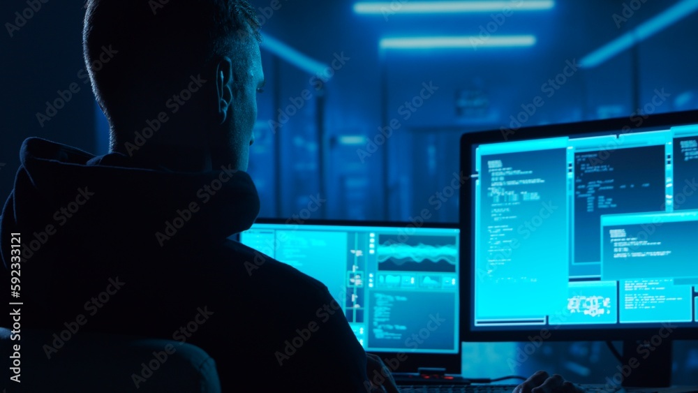 Computer Hacker in Hoodie. Obscured Dark Face. Concept of Hacker Attack ...