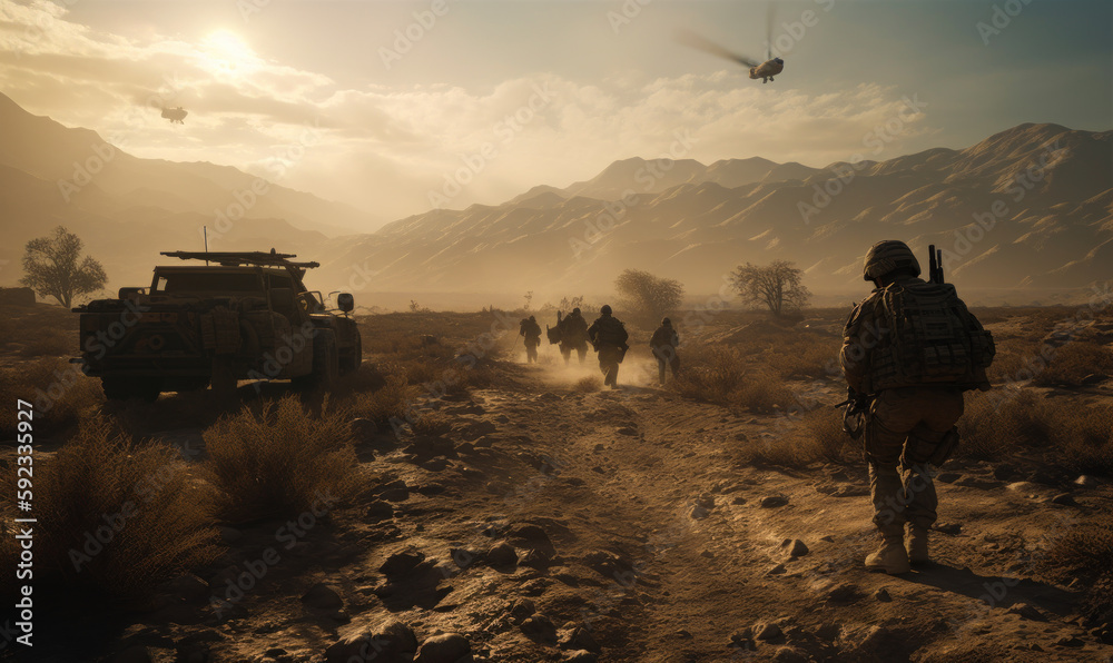 Battle field in the dusty desert. Soldiers and machines outdoors ...