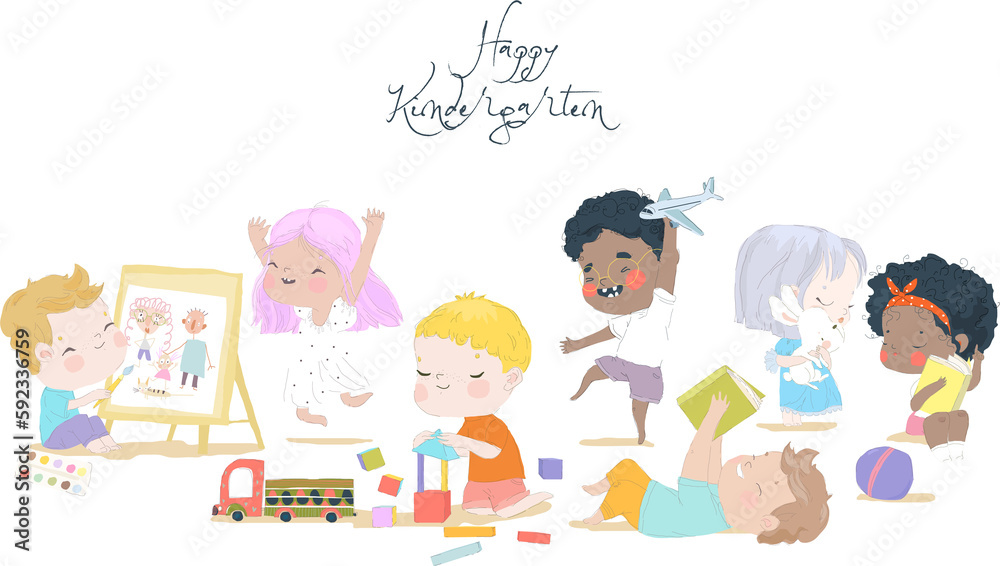 Cute Cartoon Children playing together in Kindergarten. Vector ...