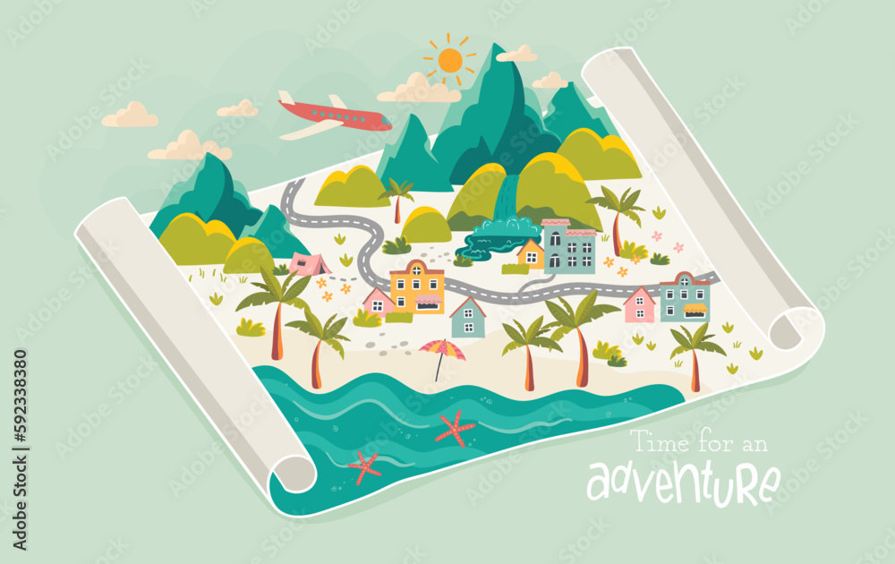 Cute hand drawn vacation map with mountains, waterfall, palm trees ...
