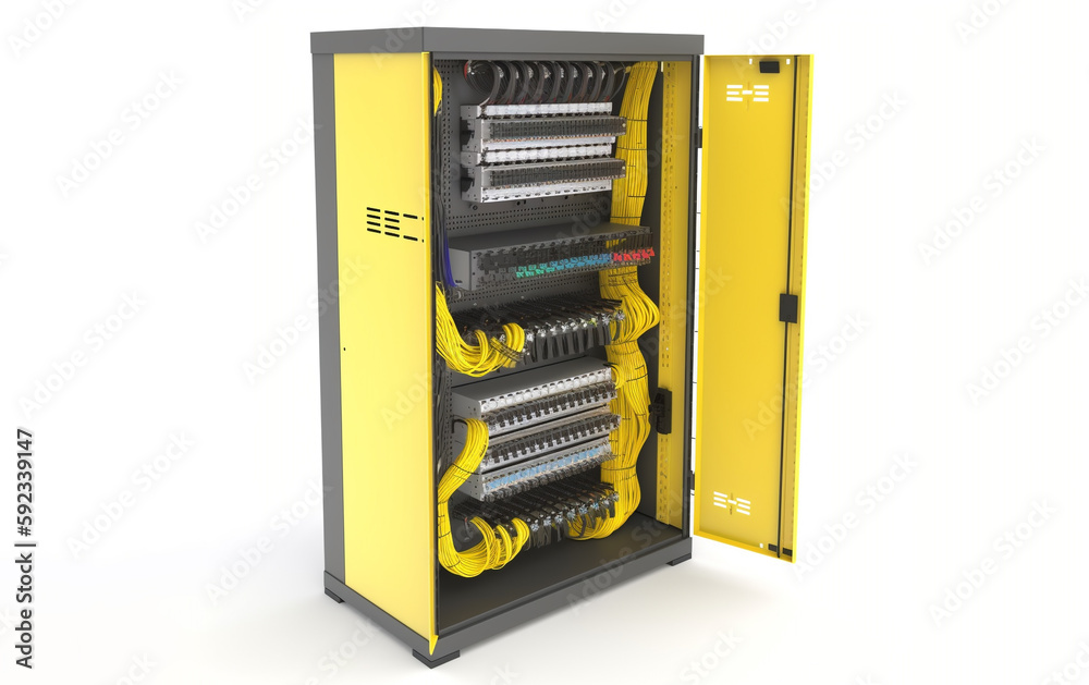 fiber optic cables plugged in network switch panel inside data center ...