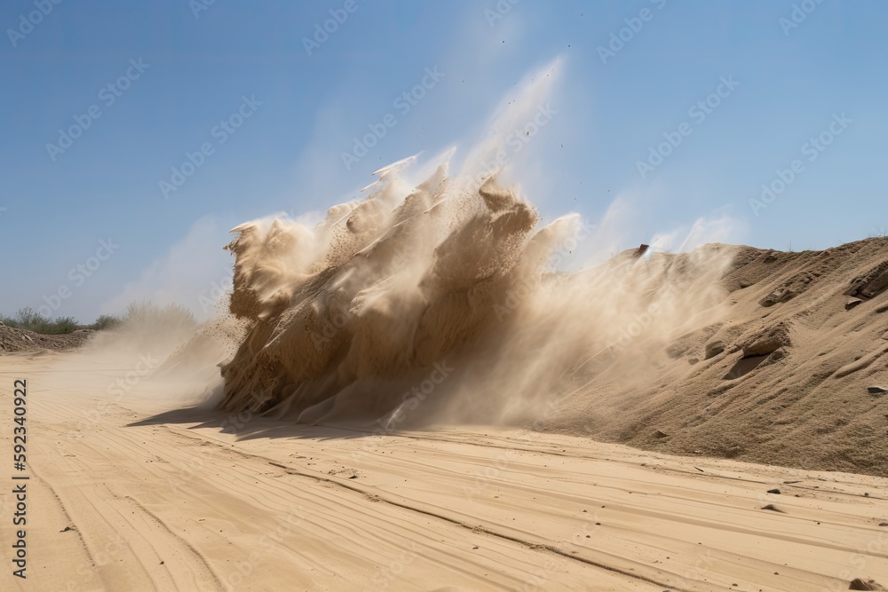sand explosion, with debris and sand flying in all directions, during ...