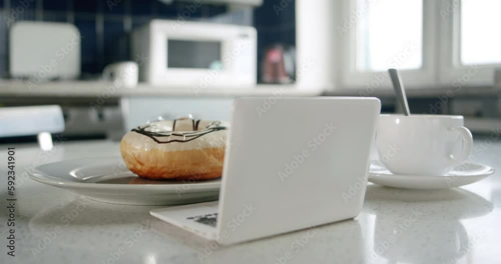 Funny donut as live characters with eyes using laptop, amazed face ...