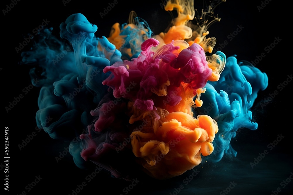 cyan magenta and yellow color acrylic colors in water, color blobs in ...