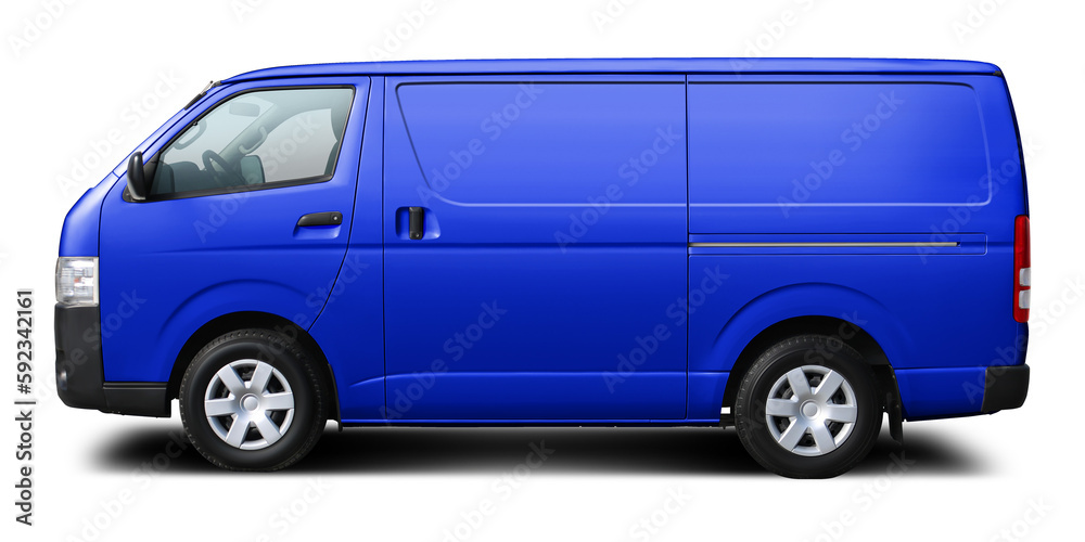 Japanese modern dark blue cargo minibus. Side view isolated on white ...