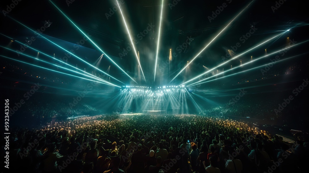 Panorama live music concert crowd and audience with beams light show ...