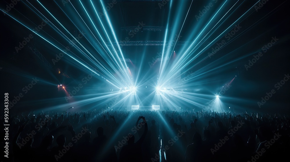 Panorama live music concert crowd and audience with beams light show ...