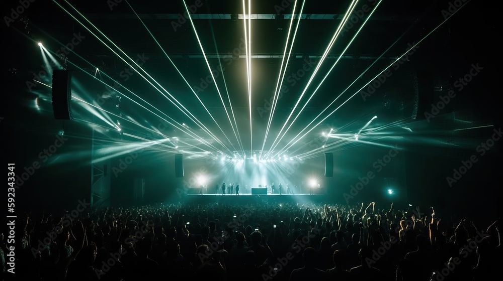 Panorama live music concert crowd and audience with beams light show ...