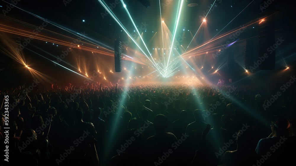 Panorama live music concert crowd and audience with beams light show ...
