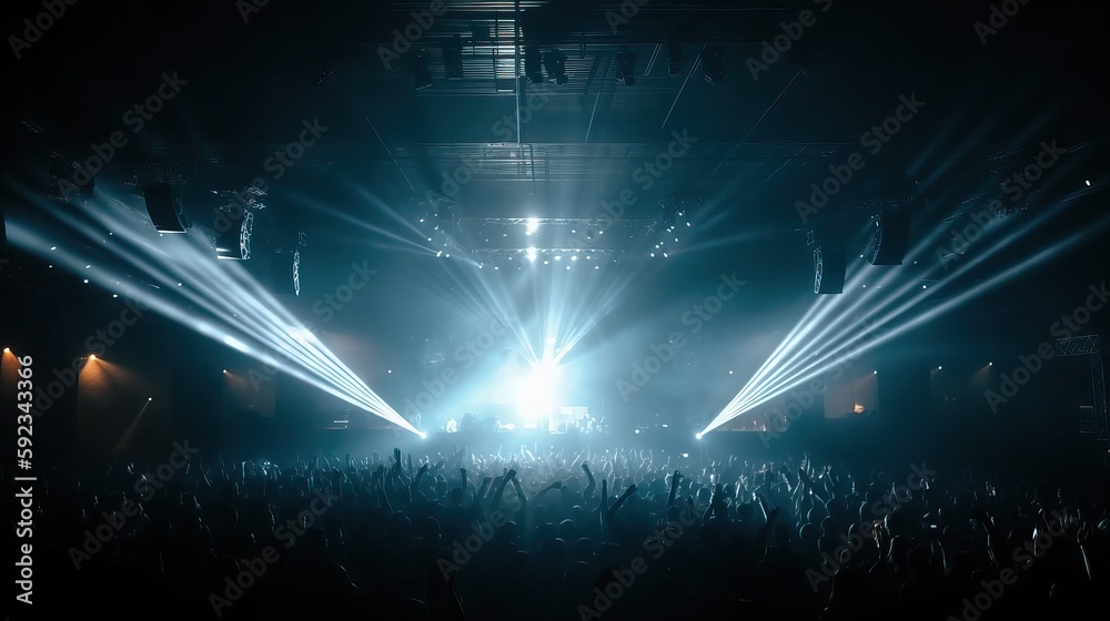 Panorama live music concert crowd and audience with beams light show ...