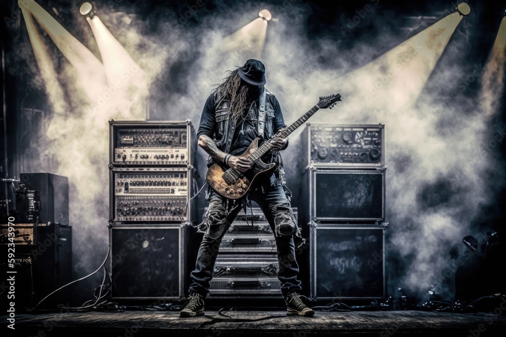 heavy metal guitarist, with their guitar and amp set up on stage, ready ...