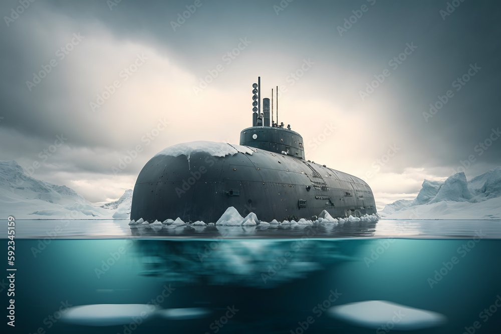 Nuclear military Submarine in north waters of Arctic, Aerial top view ...
