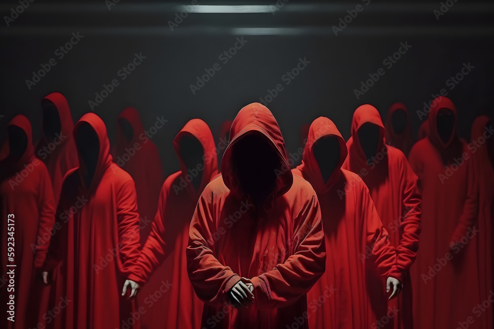 Ceremony of Cultists sect in hood red, dark background. Concept devil ...