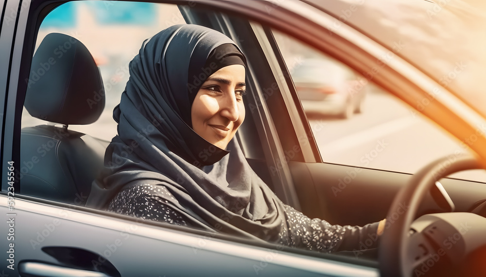 Arabic Muslim women driving car. Islam female is driver, sunset light ...