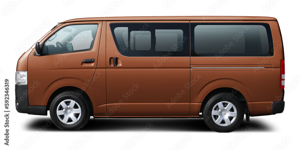 Japanese modern brown passenger minibus. Side view, isolated on white ...