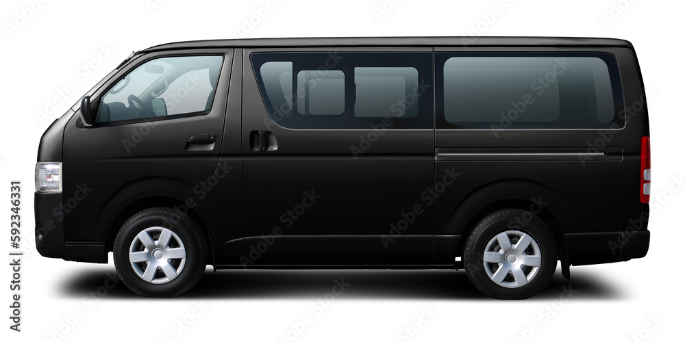 Japanese modern black passenger minibus. Side view, isolated on white ...
