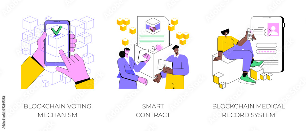 Blockchain technology applications isolated cartoon vector ...