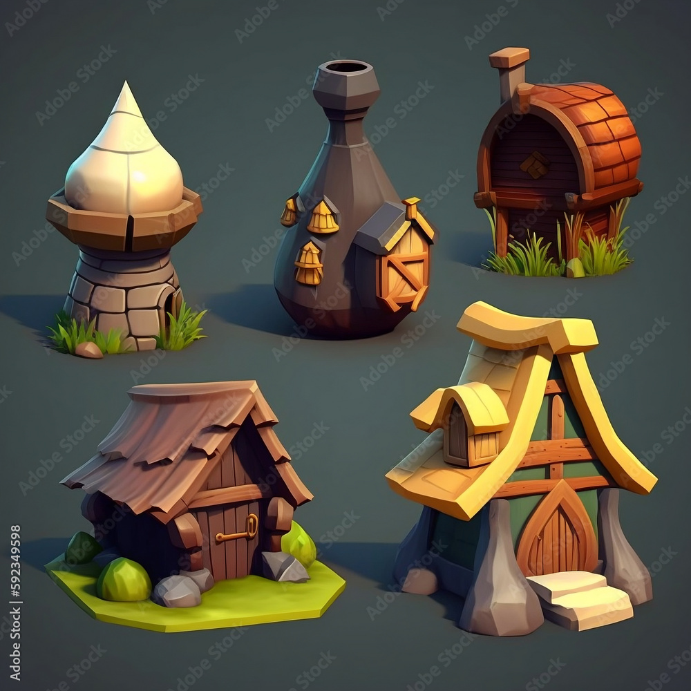 game sheet of different types of medieval huts, light background ...