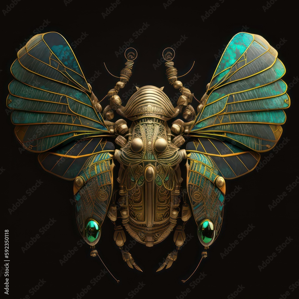 Egyptian scarab made of gold springs and wire stained glass. Fantasy ...