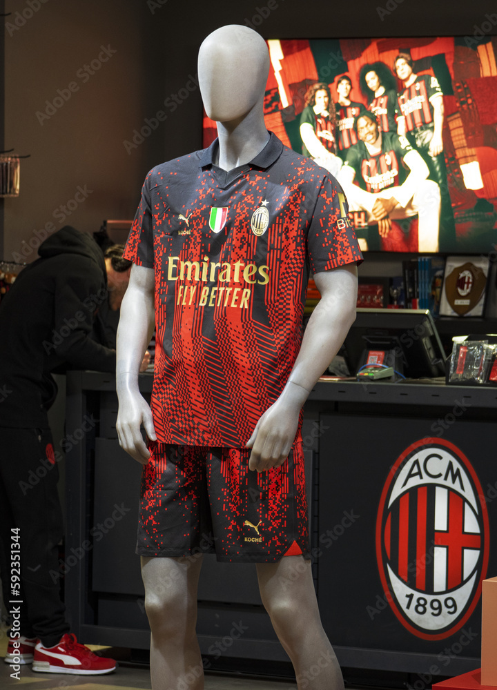 Official AC Milan soccer uniform,football season 2022-2023. Milan ...