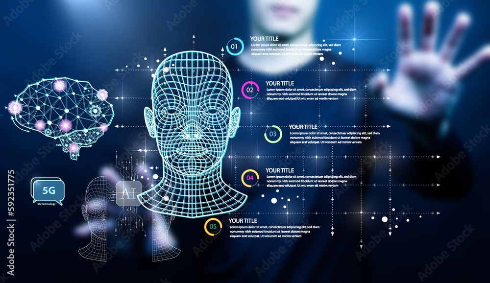 hands or programmer engineer with AI body hologram for futuristic ...