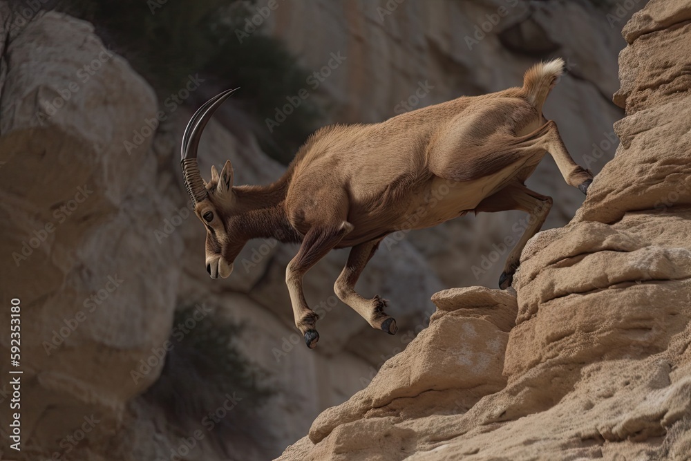 ibex jumping off cliff, with its powerful legs propelling it into the ...