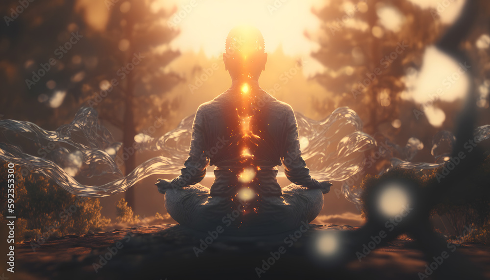 Astral yoga silhouette of human in cosmic space meditate. Back view man practicing ...