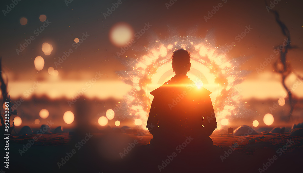 Astral silhouette of human in cosmic space meditate. Back view man fly transcendental spiritual ...
